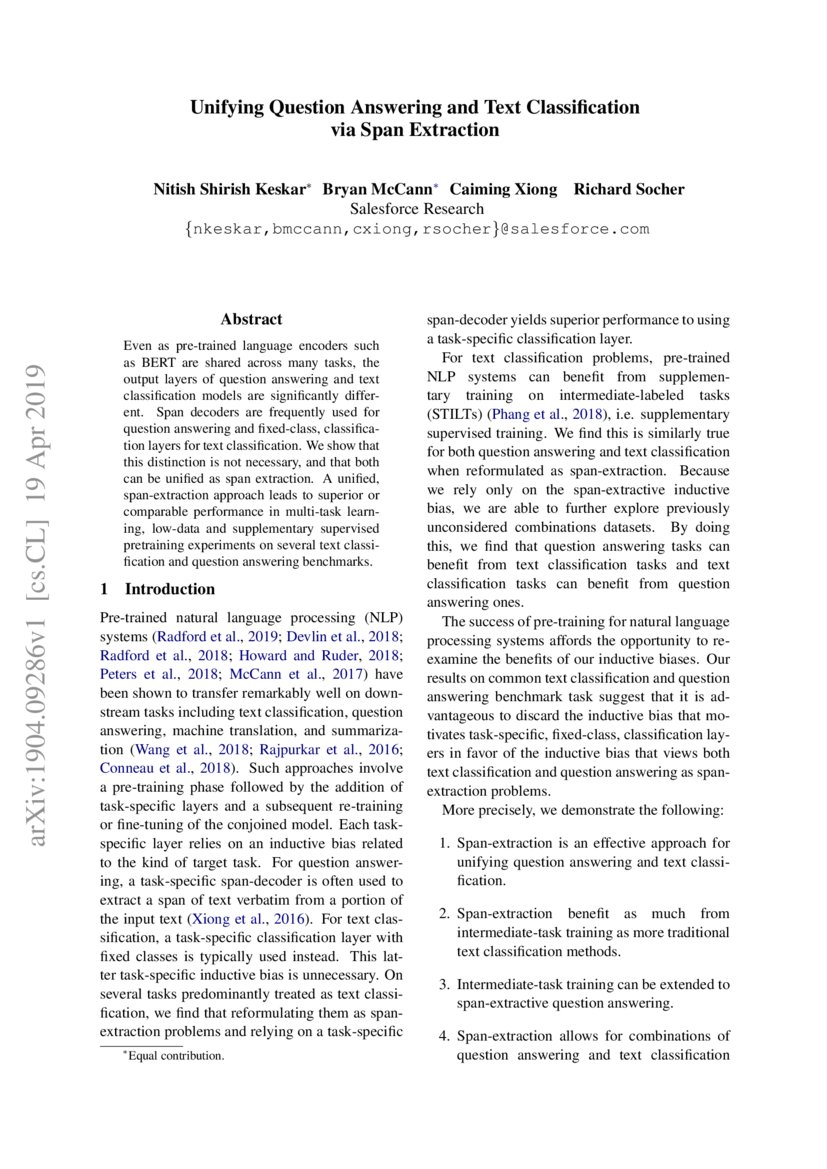 Unifying Question Answering And Text Classification Via Span Extraction Deepai