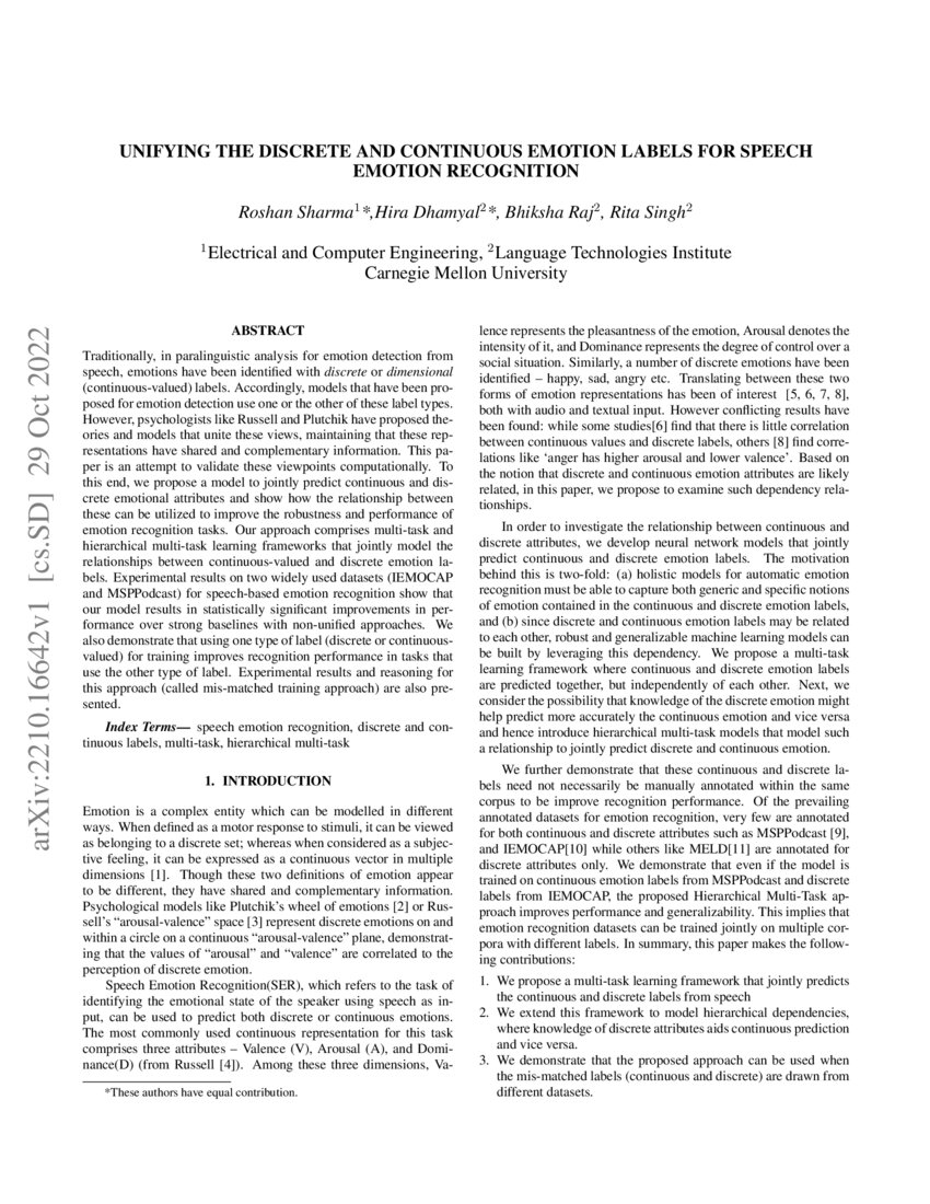 Unifying The Discrete And Continuous Emotion Labels For Speech Emotion Recognition Deepai