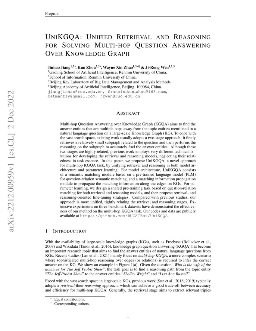 UniKGQA: Unified Retrieval and Reasoning for Solving Multi-hop Question ... UniKGQA: Unified Retrieval and Reasoning for Solving Multi-hop Question ...