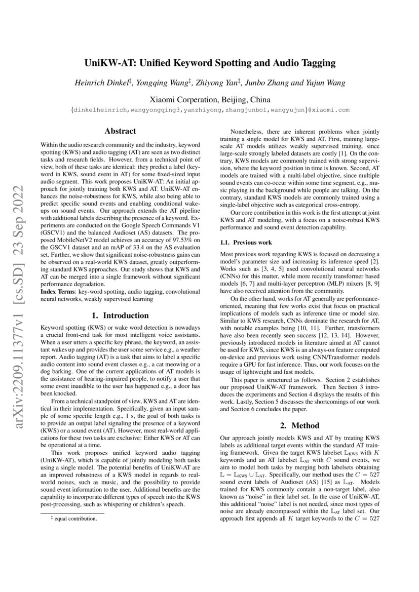 UniKW-AT: Unified Keyword Spotting and Audio Tagging | DeepAI