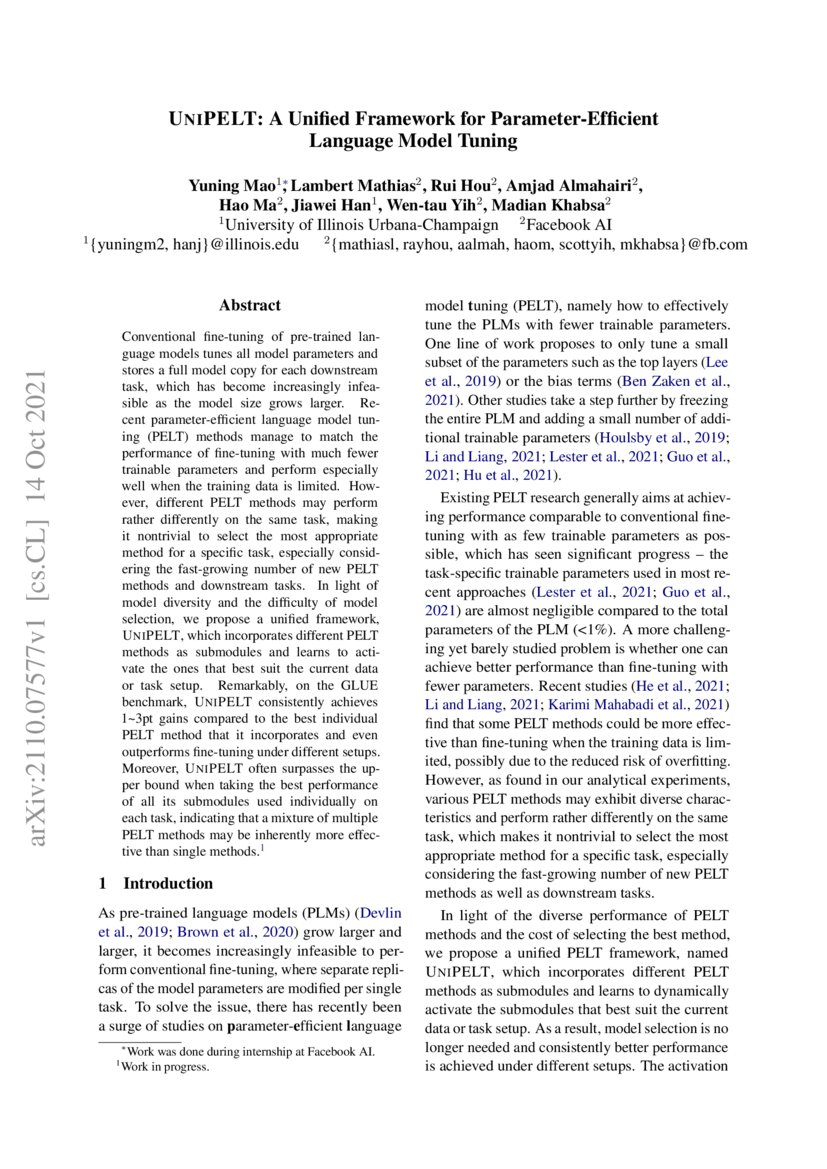UniPELT: A Unified Framework for Parameter-Efficient Language Model Tuning | DeepAI