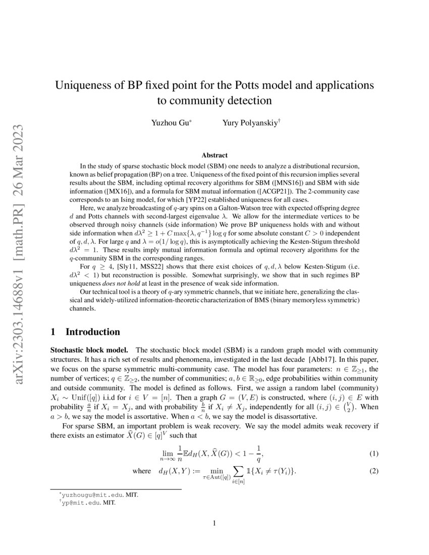 Uniqueness of BP fixed point for the Potts model and applications to community detection | DeepAI