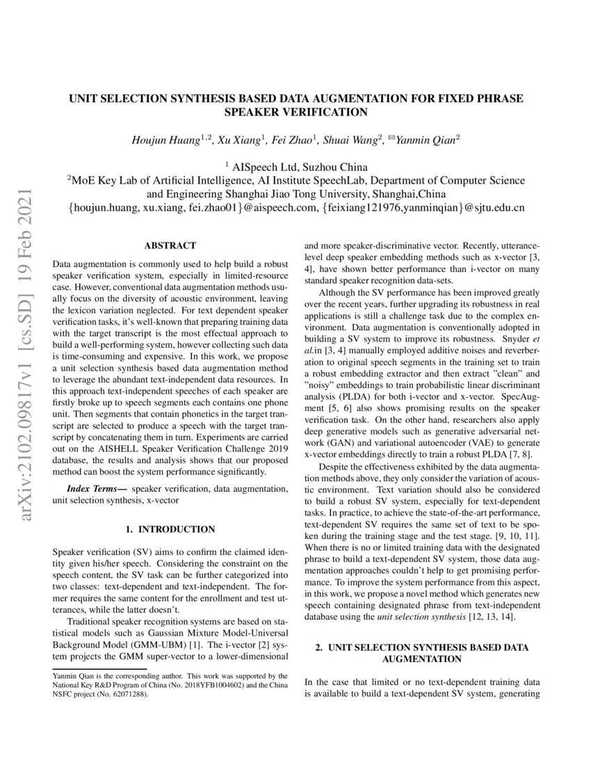 Unit Selection Synthesis Based Data Augmentation For Fixed Phrase Speaker Verification Deepai