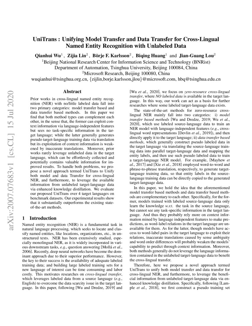 UniTrans: Unifying Model Transfer and Data Transfer for Cross-Lingual Named Entity Recognition ...