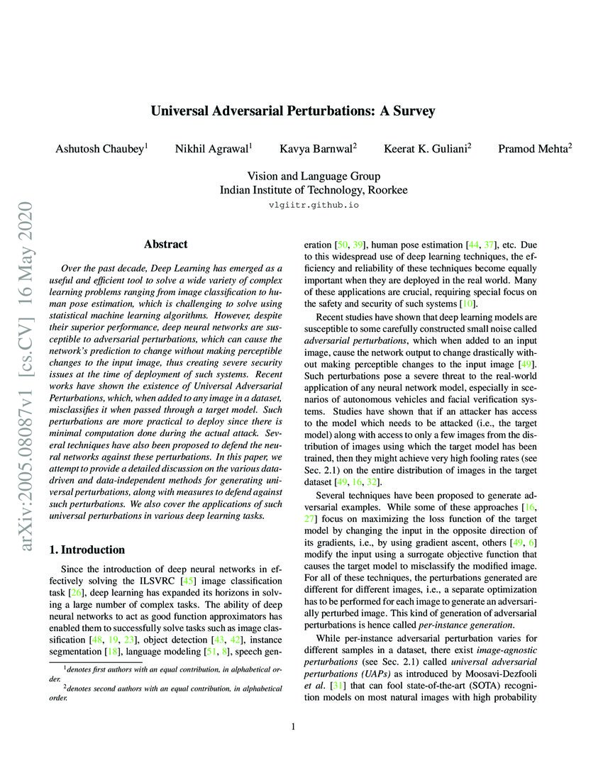 Universal Adversarial Perturbations: A Survey | DeepAI Universal Adversarial Perturbations: A Survey | DeepAI