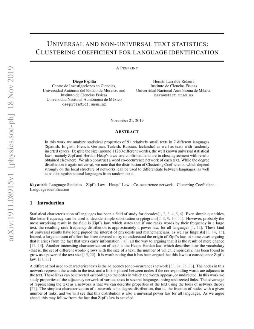 Universal and non-universal text statistics: Clustering coefficient for language identification ...