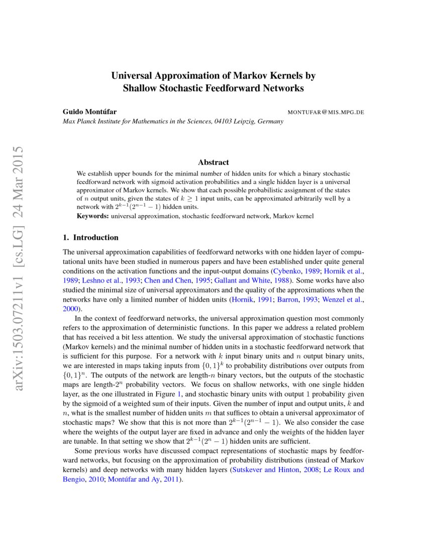 Universal Approximation of Markov Kernels by Shallow Stochastic Feedforward Networks | DeepAI