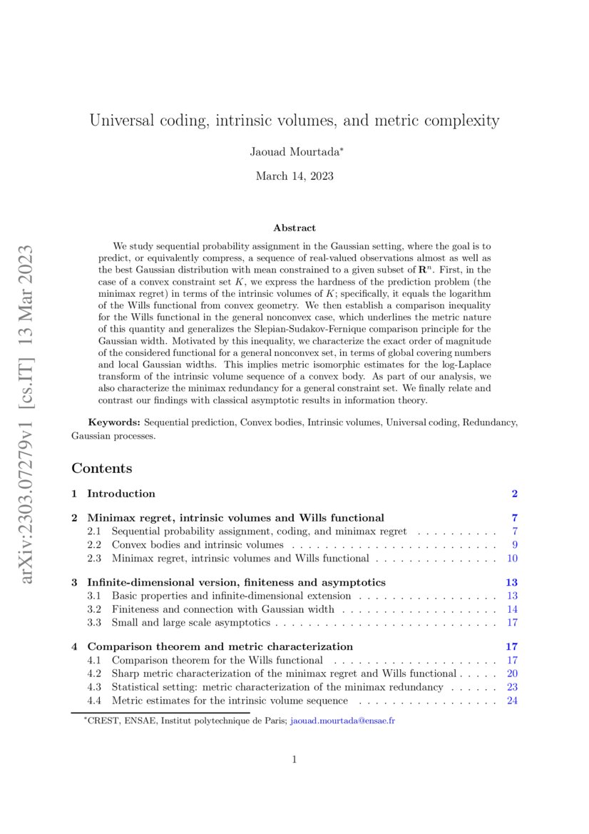 Universal coding, intrinsic volumes, and metric complexity | DeepAI