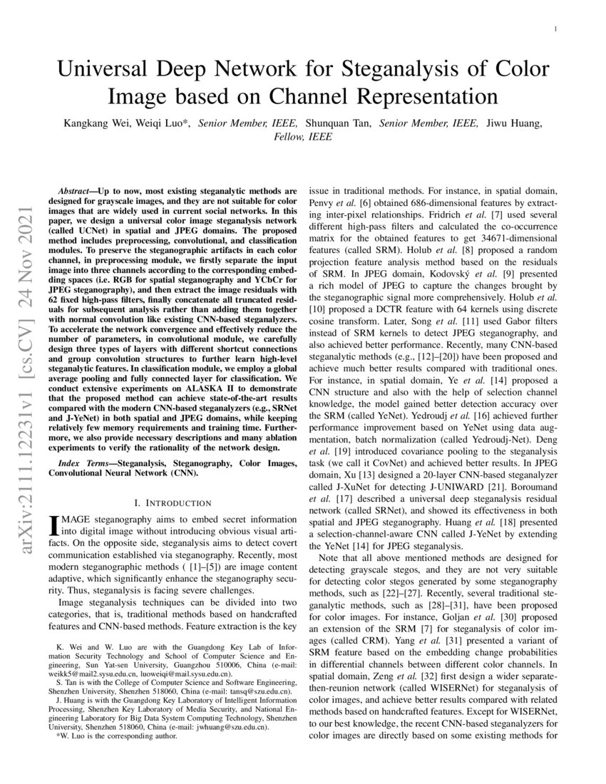 Universal Deep Network for Steganalysis of Color Image based on Channel Representation | DeepAI