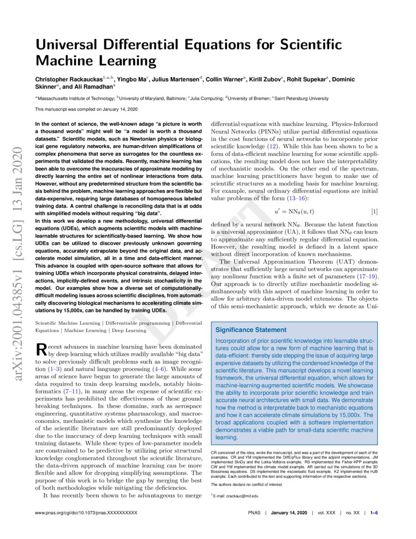 Universal Differential Equations For Scientific Machine Learning Deepai