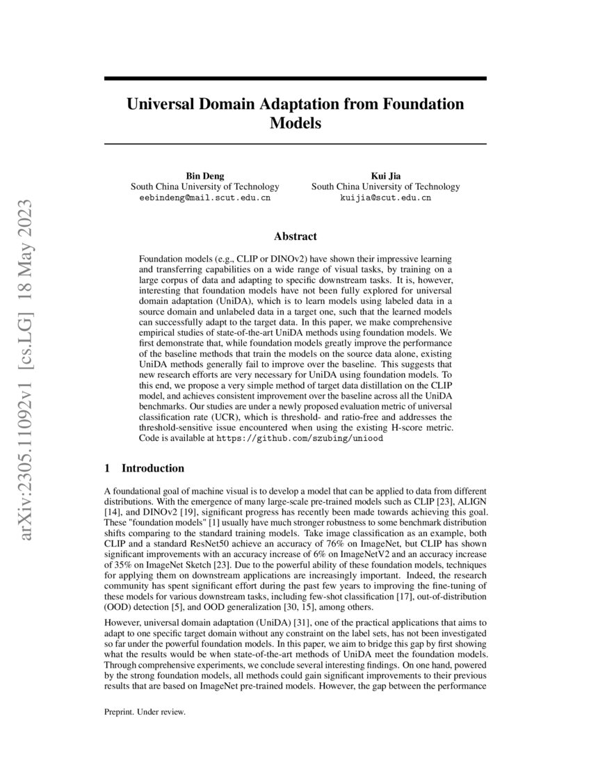 Universal Domain Adaptation from Foundation Models | DeepAI