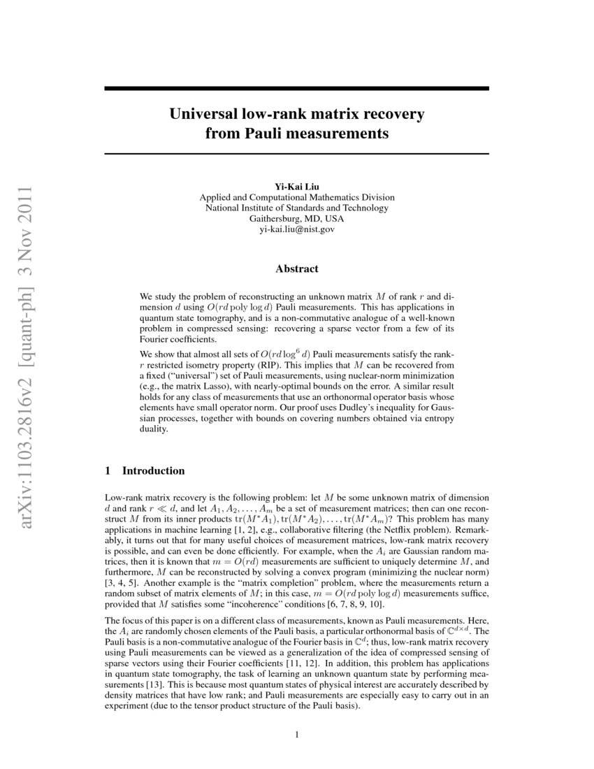 Universal low-rank matrix recovery from Pauli measurements | DeepAI