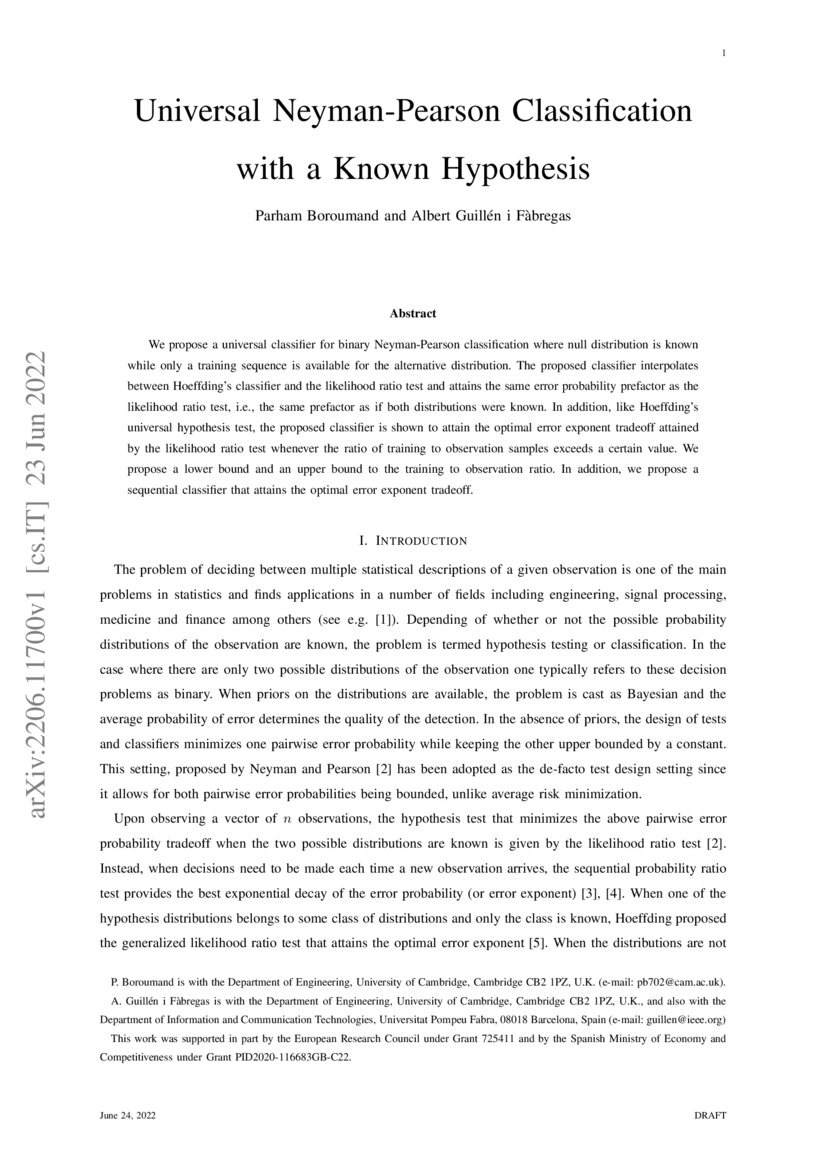 Universal Neyman-Pearson Classification with a Known Hypothesis | DeepAI