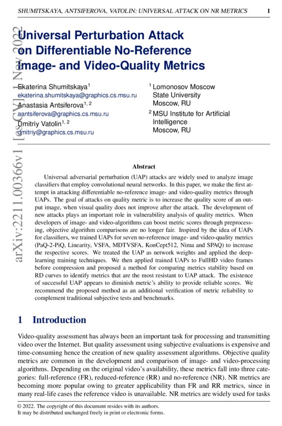 Universal Perturbation Attack on Differentiable No-Reference Image- and Video-Quality Metrics ...
