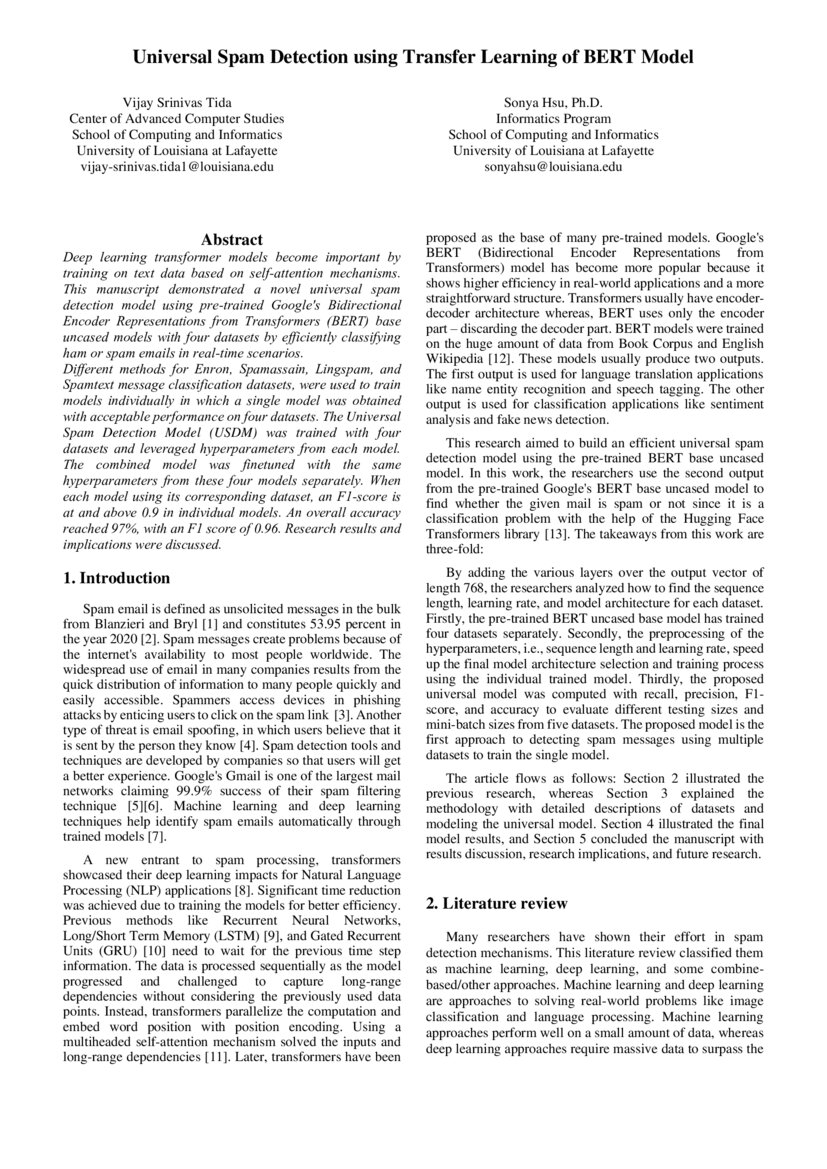 Universal Spam Detection using Transfer Learning of BERT Model | DeepAI