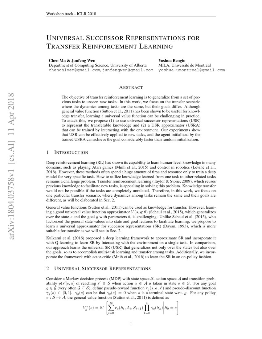Universal Successor Representations for Transfer Reinforcement Learning | DeepAI