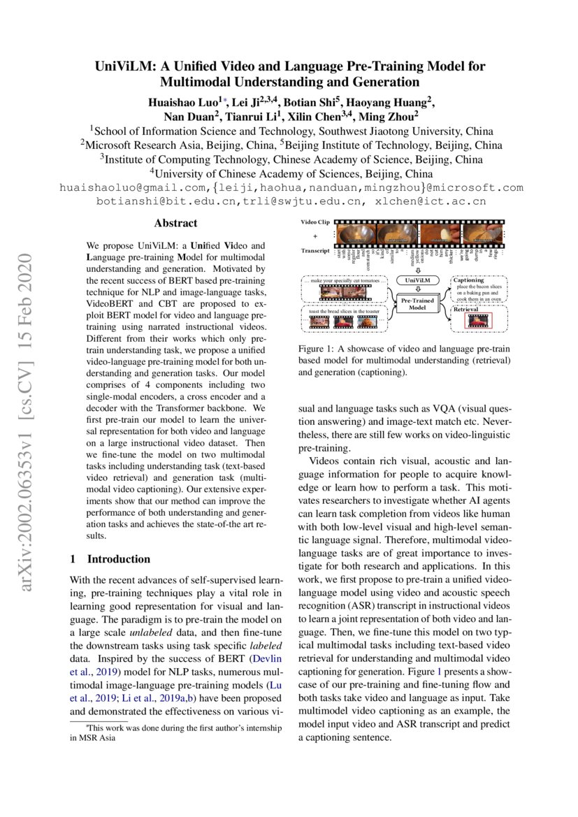 UniViLM: A Unified Video and Language Pre-Training Model for Multimodal ...