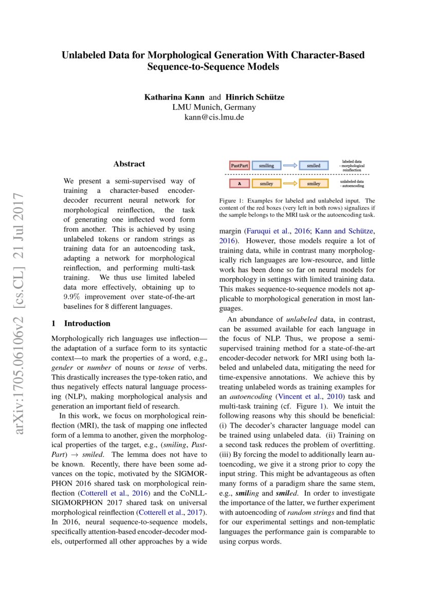 Unlabeled Data for Morphological Generation With Character-Based Sequence-to-Sequence Models ...