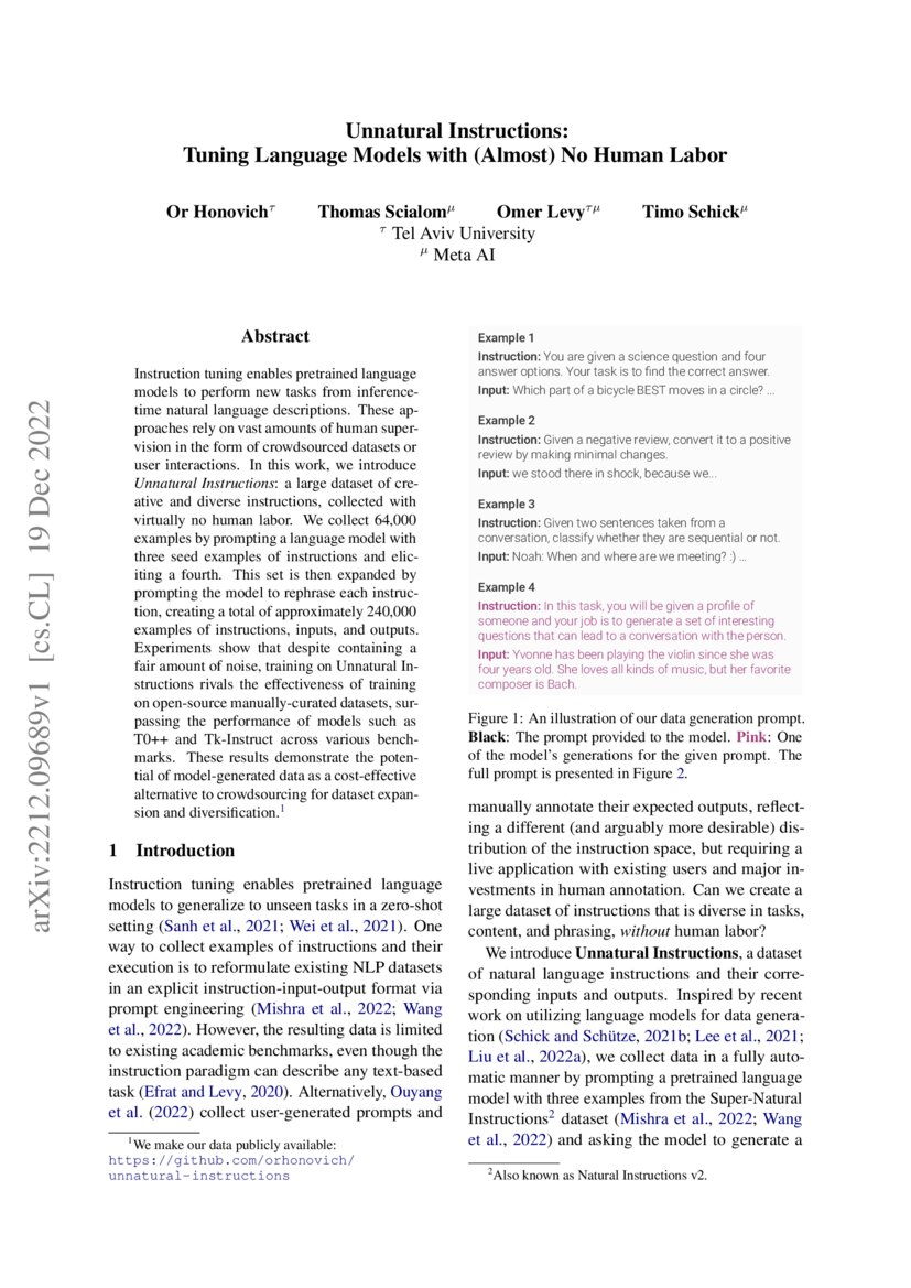 Unnatural Instructions: Tuning Language Models with (Almost) No Human ...