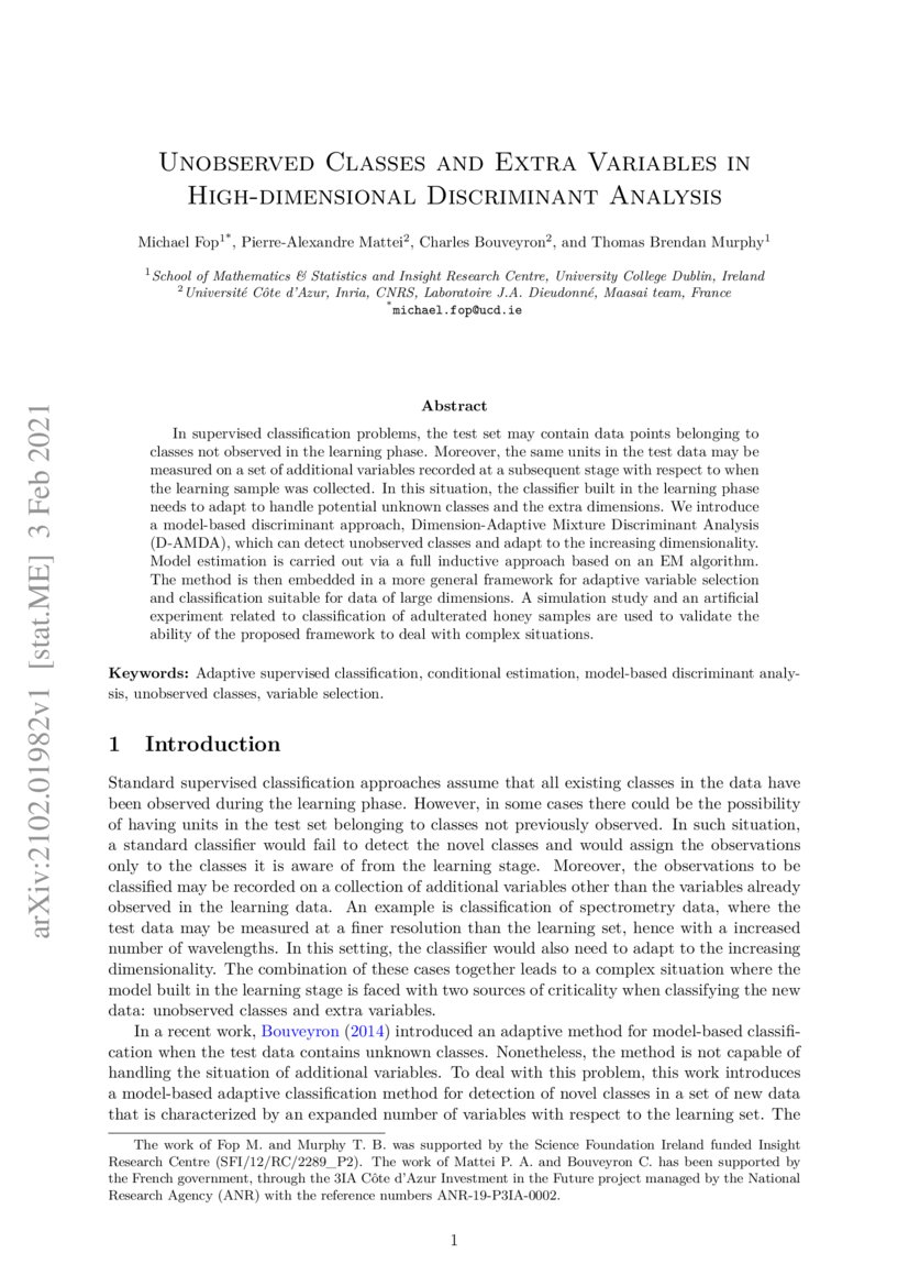 Unobserved classes and extra variables in high-dimensional discriminant analysis | DeepAI