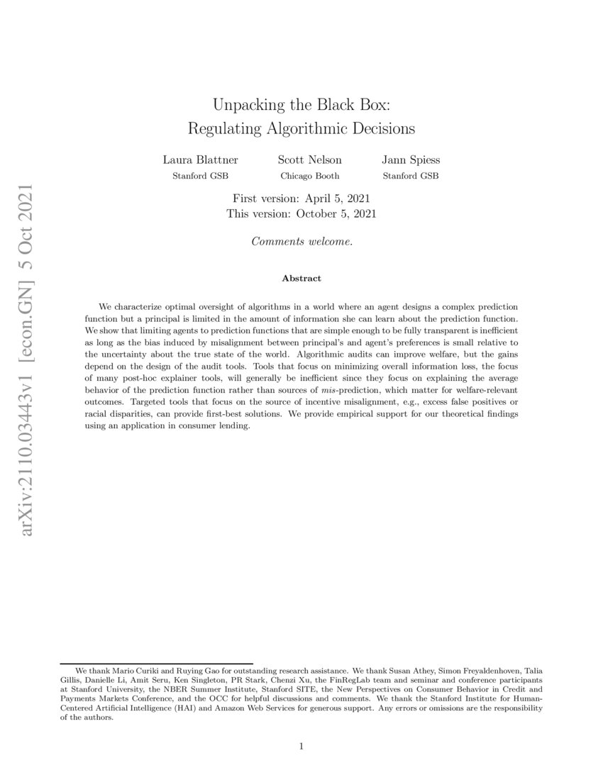 Unpacking the Black Box: Regulating Algorithmic Decisions | DeepAI