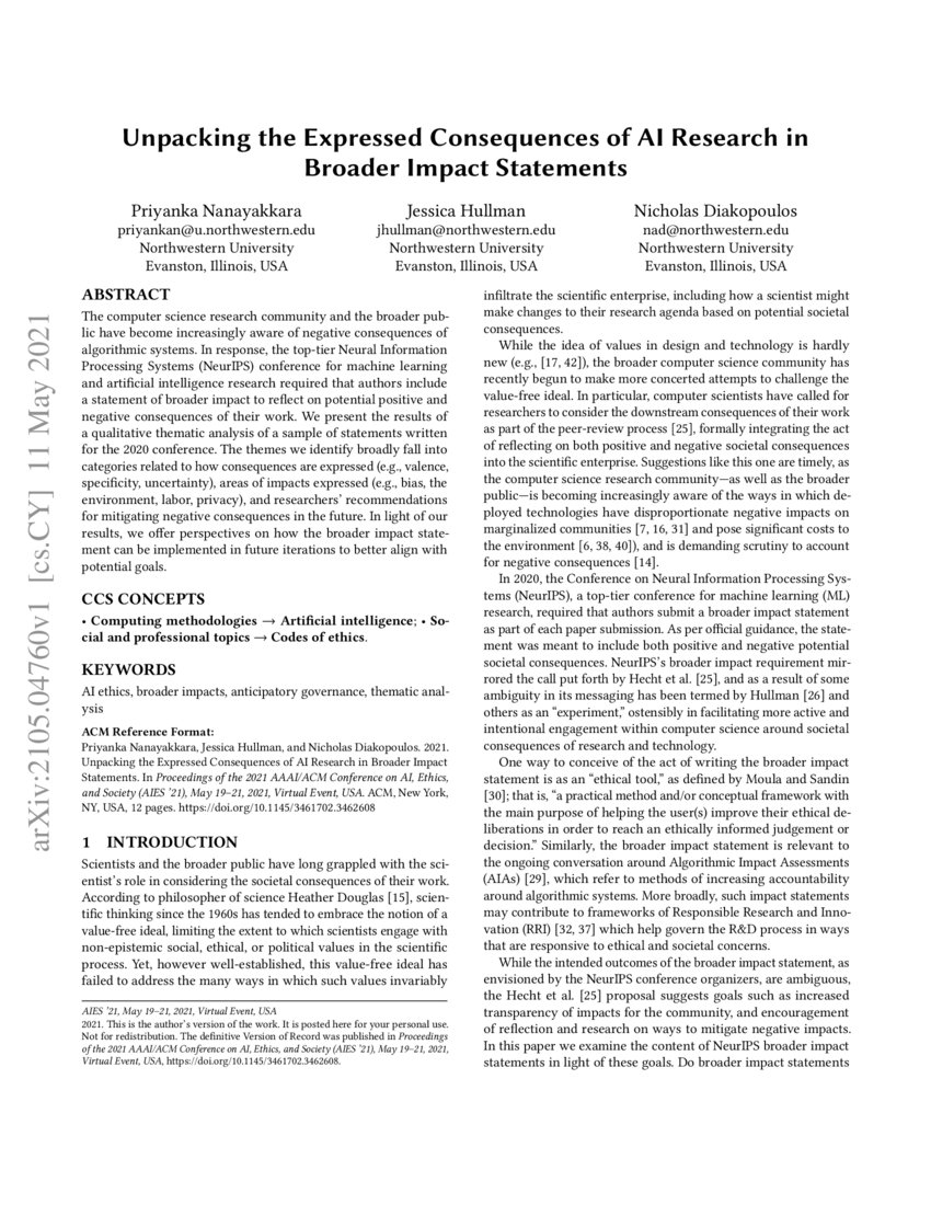 Unpacking the Expressed Consequences of AI Research in Broader Impact ...