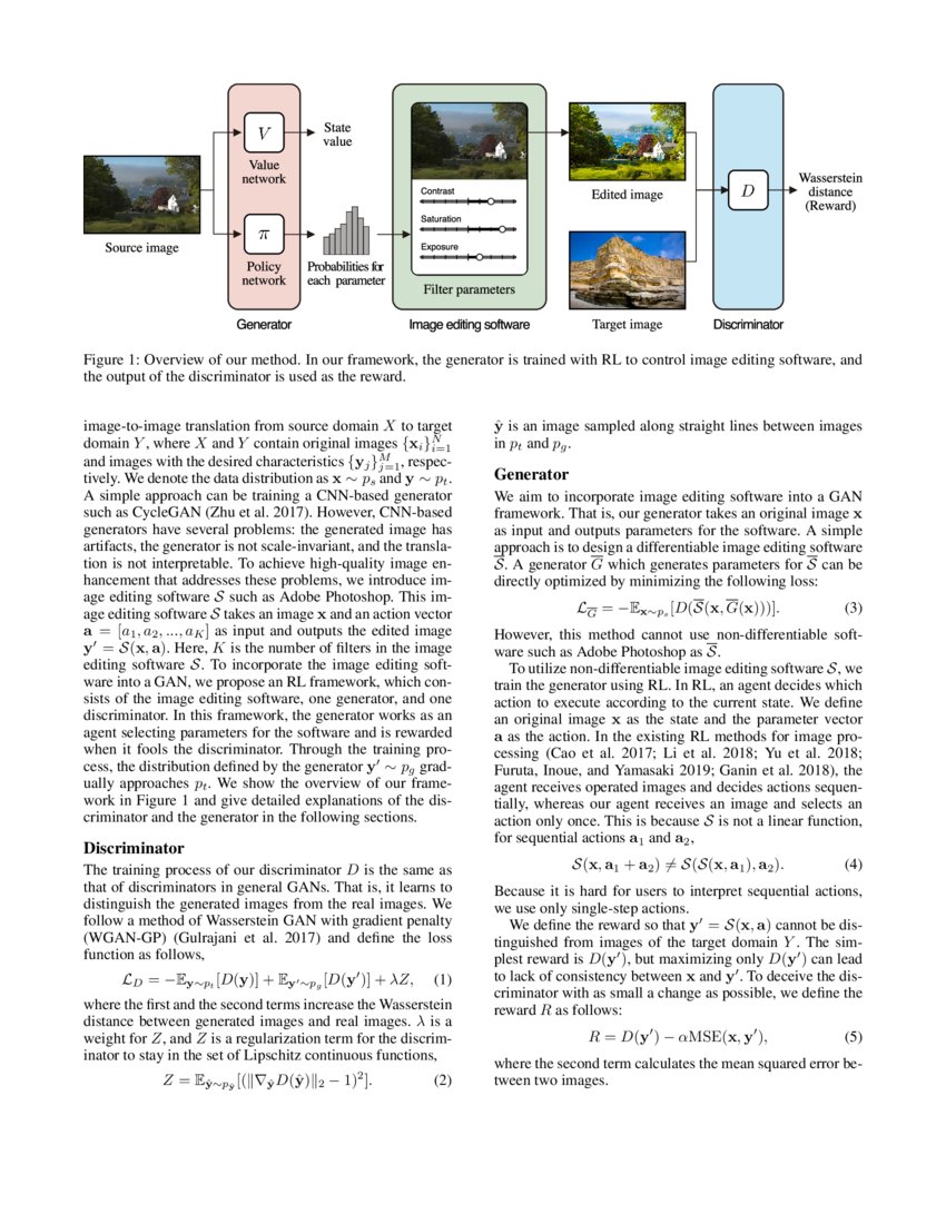 Unpaired Image Enhancement Featuring Reinforcement Learning Controlled Image Editing Software