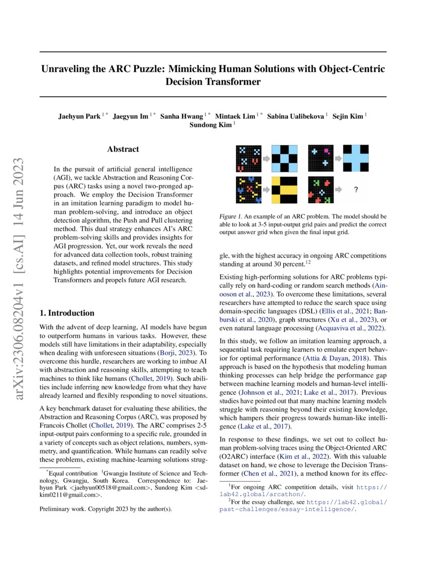 Unraveling The Arc Puzzle Mimicking Human Solutions With Object Centric Decision Transformer