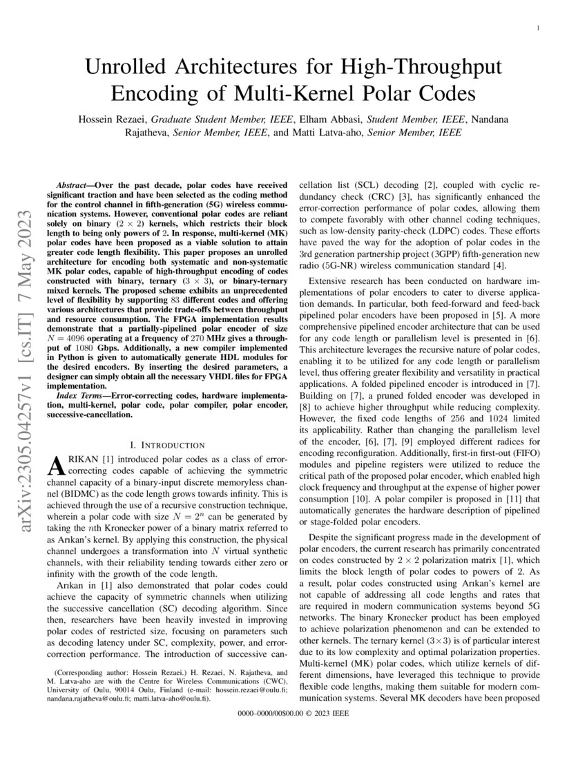 Unrolled Architectures for High-Throughput Encoding of Multi-Kernel Polar Codes | DeepAI