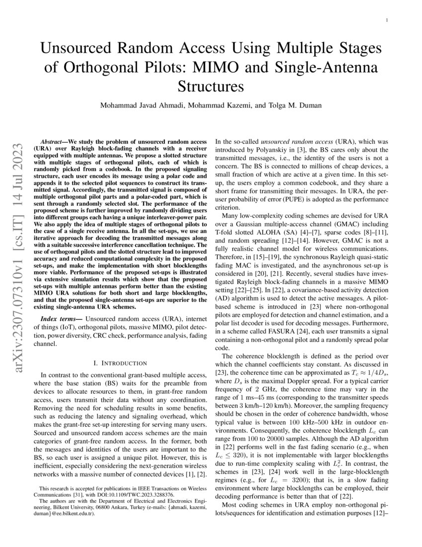 Unsourced Random Access Using Multiple Stages Of Orthogonal Pilots Mimo And Single Antenna