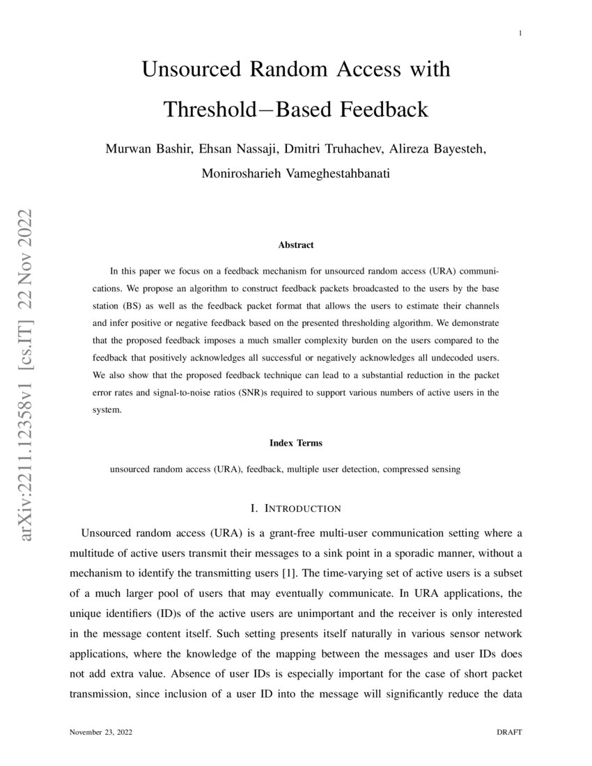 Unsourced Random Access With Threshold Based Feedback Deepai