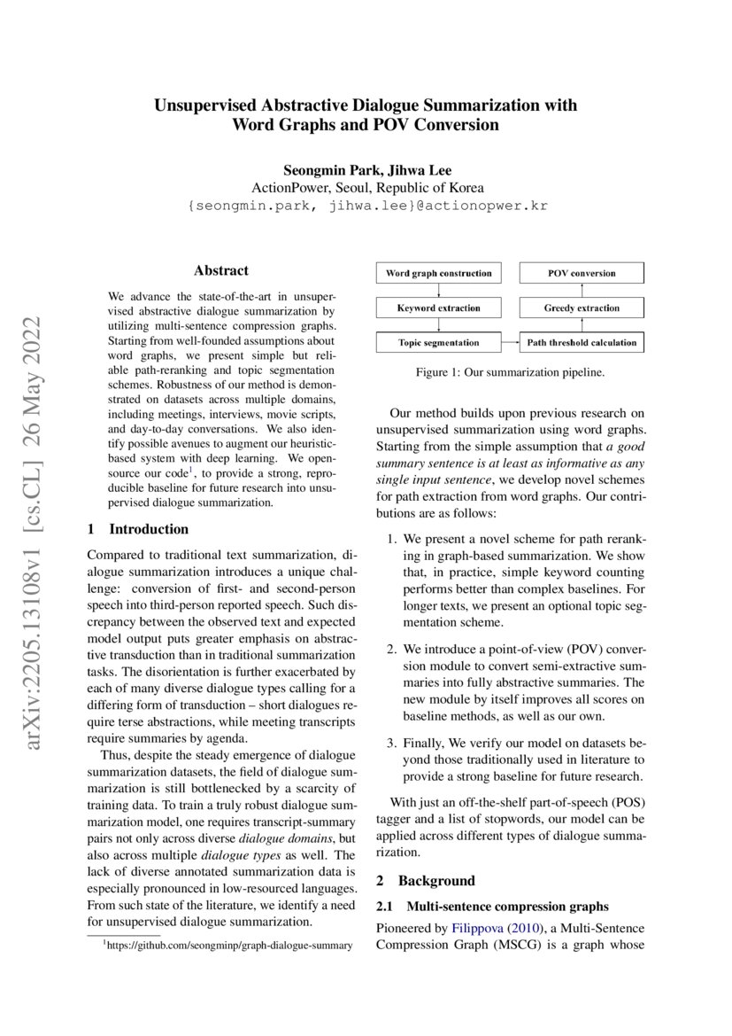 Unsupervised Abstractive Dialogue Summarization With Word Graphs And Pov Conversion Deepai