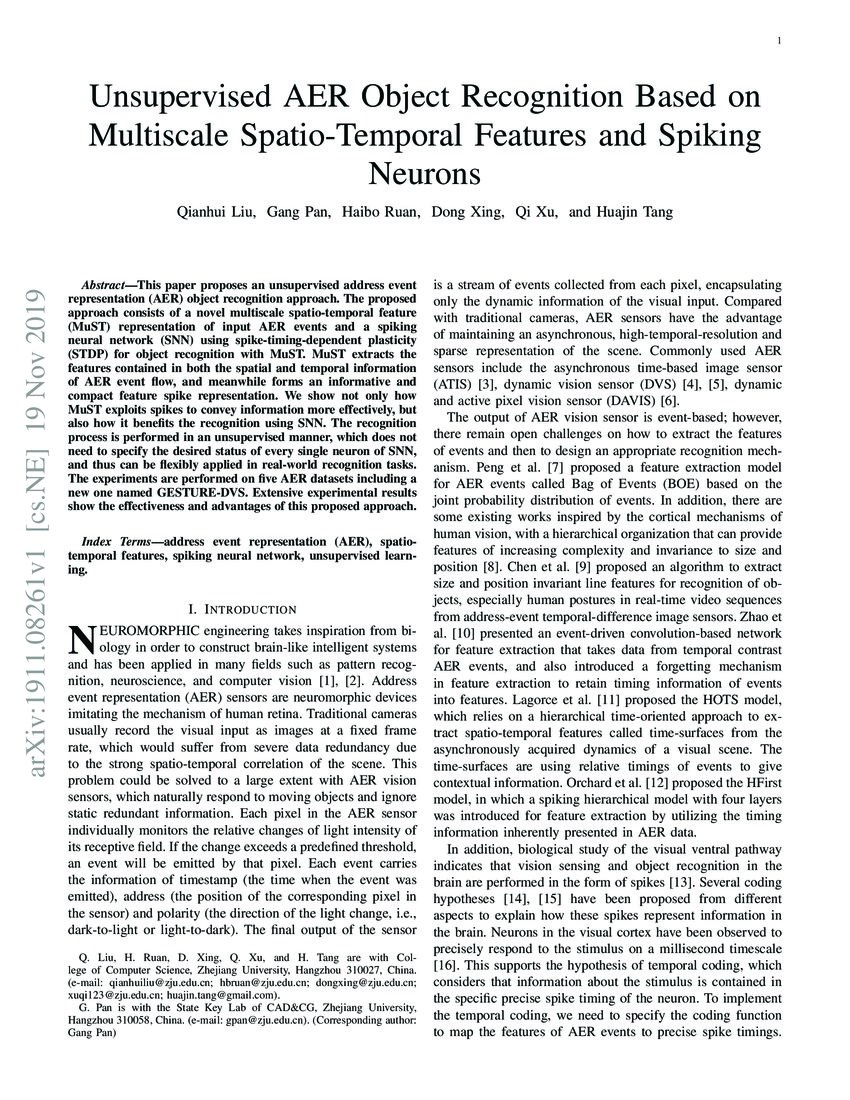 Unsupervised Aer Object Recognition Based On Multiscale Spatio Temporal Features And Spiking