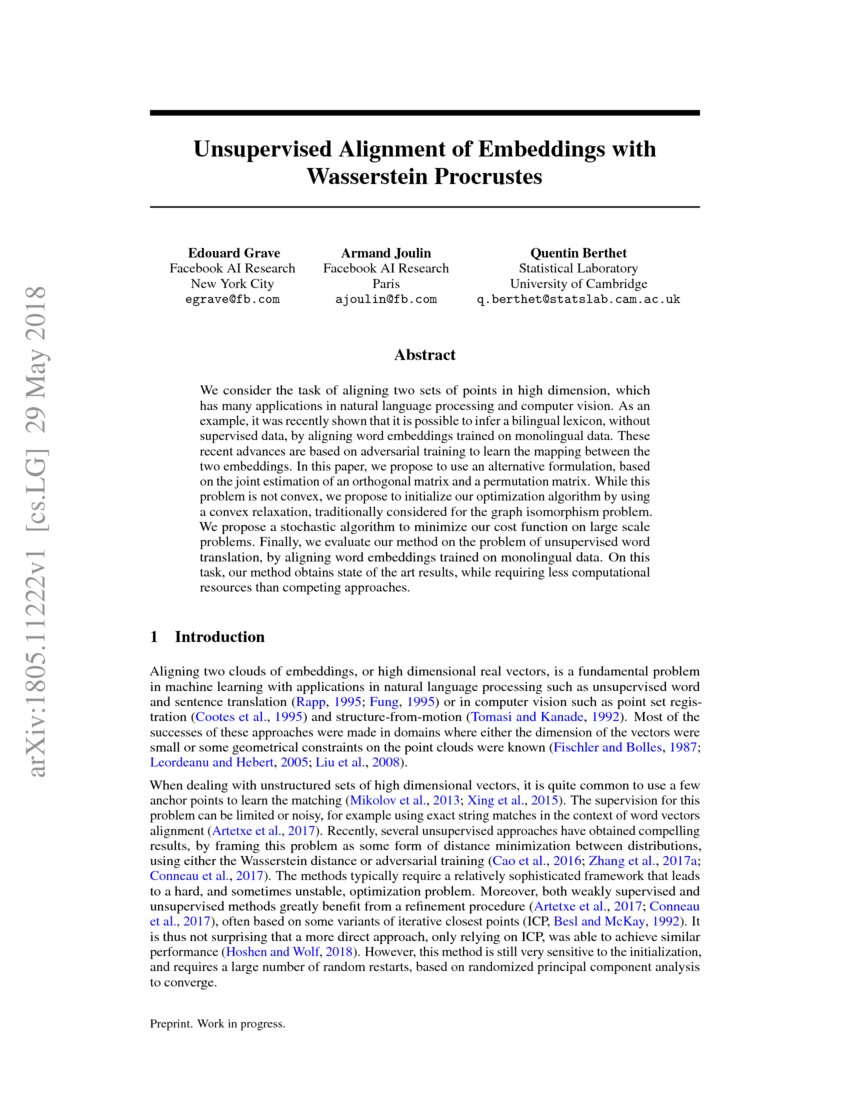 Unsupervised Alignment of Embeddings with Wasserstein Procrustes | DeepAI