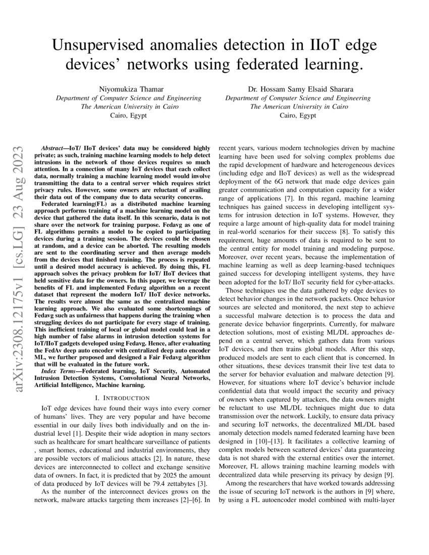 Unsupervised Anomalies Detection In Iiot Edge Devices Networks Using Federated Learning Deepai 