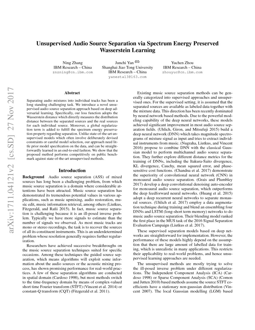 Unsupervised Audio Source Separation Via Spectrum Energy Preserved Wasserstein Learning Deepai