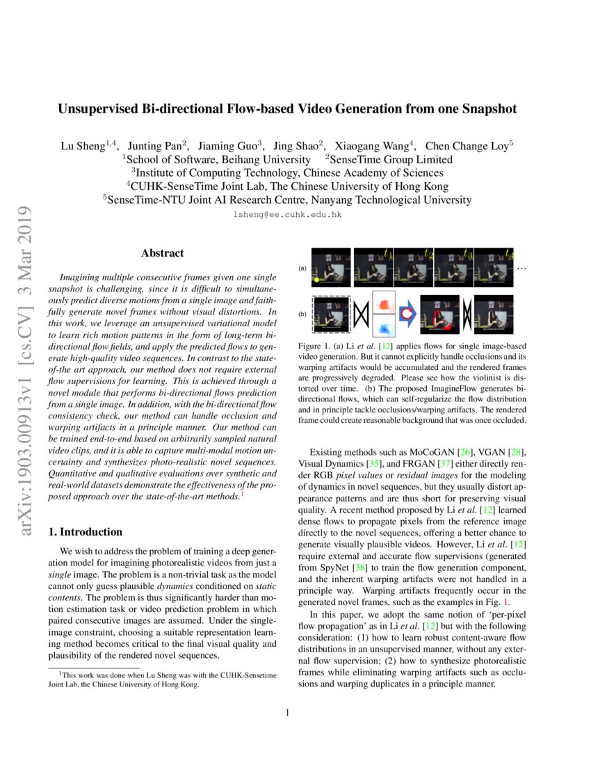 Unsupervised Bi-directional Flow-based Video Generation from one Snapshot | DeepAI