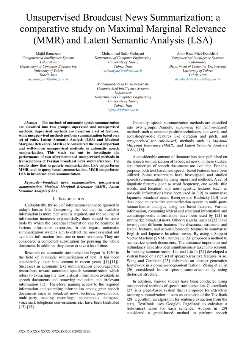 Unsupervised Broadcast News Summarization; a comparative study on ...