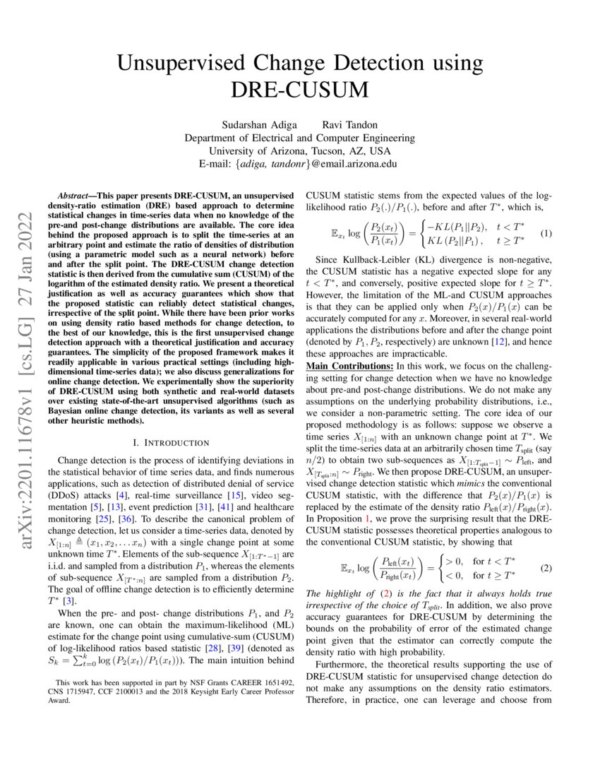Unsupervised Change Detection using DRE-CUSUM | DeepAI Unsupervised Change Detection using DRE-CUSUM | DeepAI