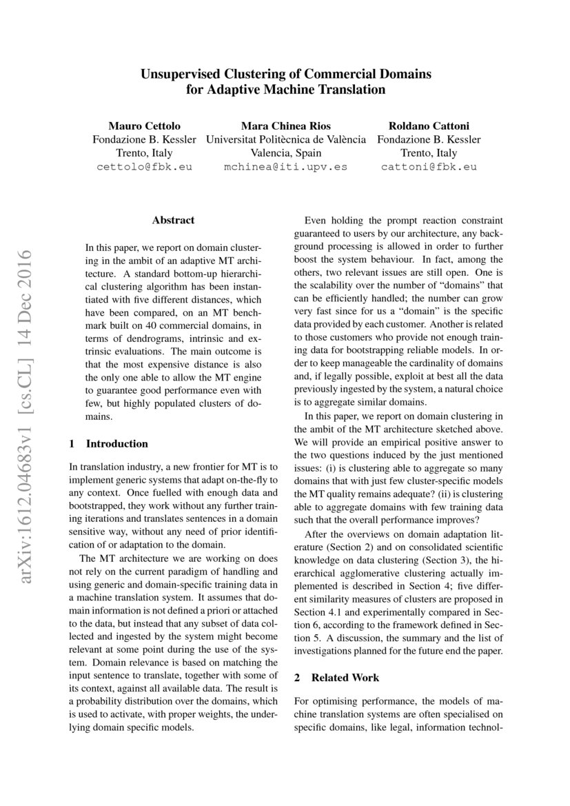 Unsupervised Clustering of Commercial Domains for Adaptive Machine Translation | DeepAI