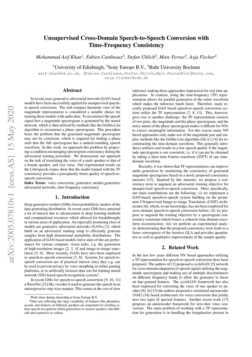 Unsupervised Cross-Domain Speech-to-Speech Conversion with Time-Frequency Consistency | DeepAI