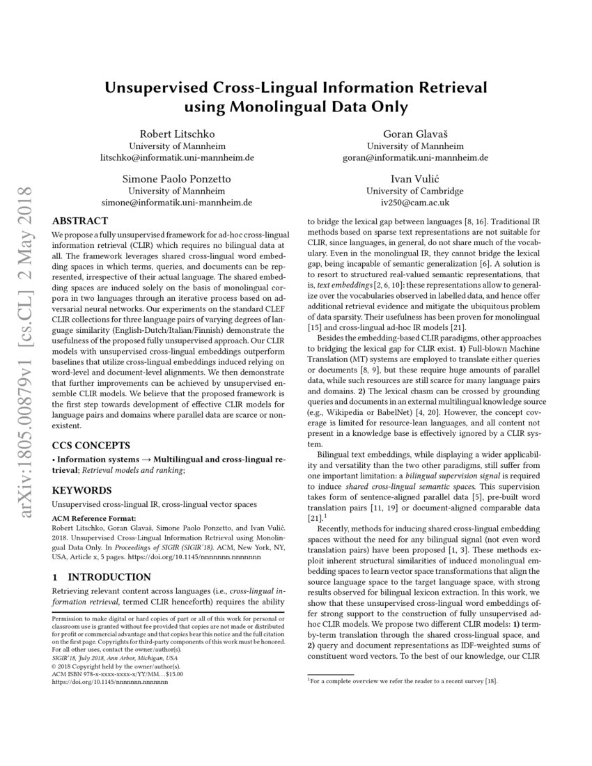 Unsupervised Cross-Lingual Information Retrieval using Monolingual Data Only | DeepAI