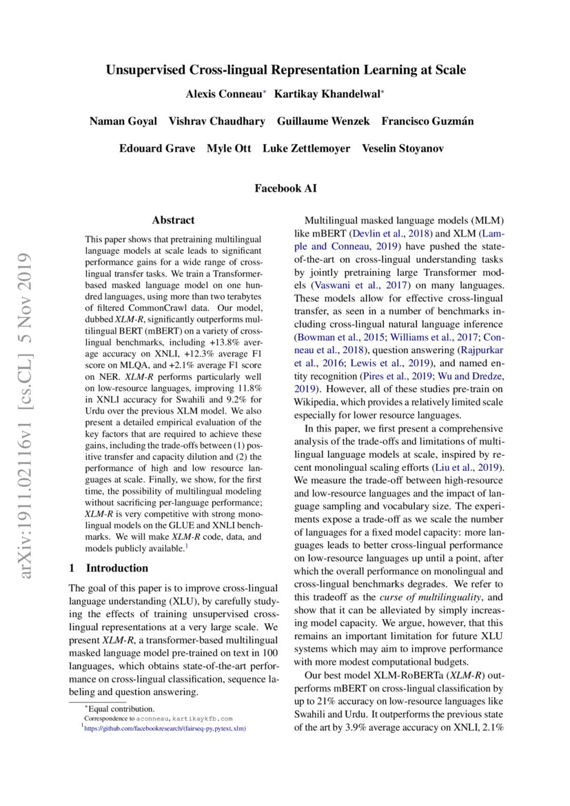 Unsupervised Cross-lingual Representation Learning at Scale | DeepAI