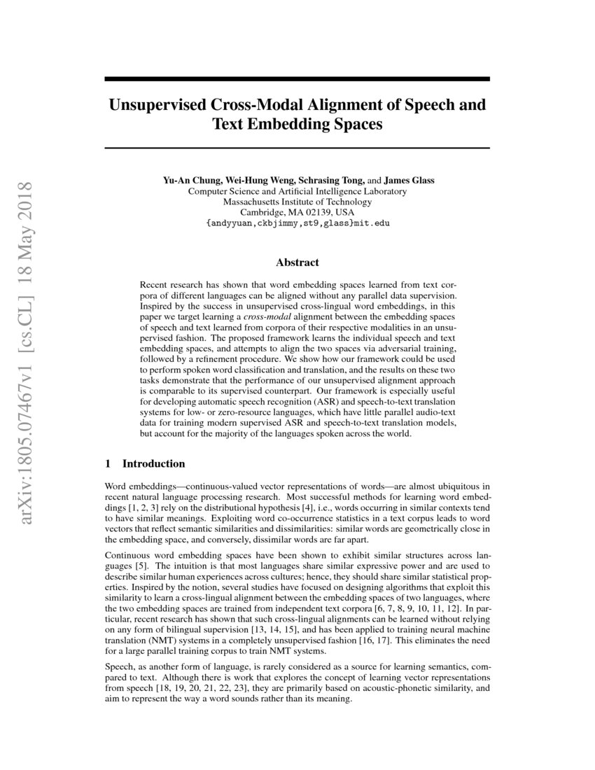 Unsupervised Cross Modal Alignment Of Speech And Text Embedding Spaces Deepai