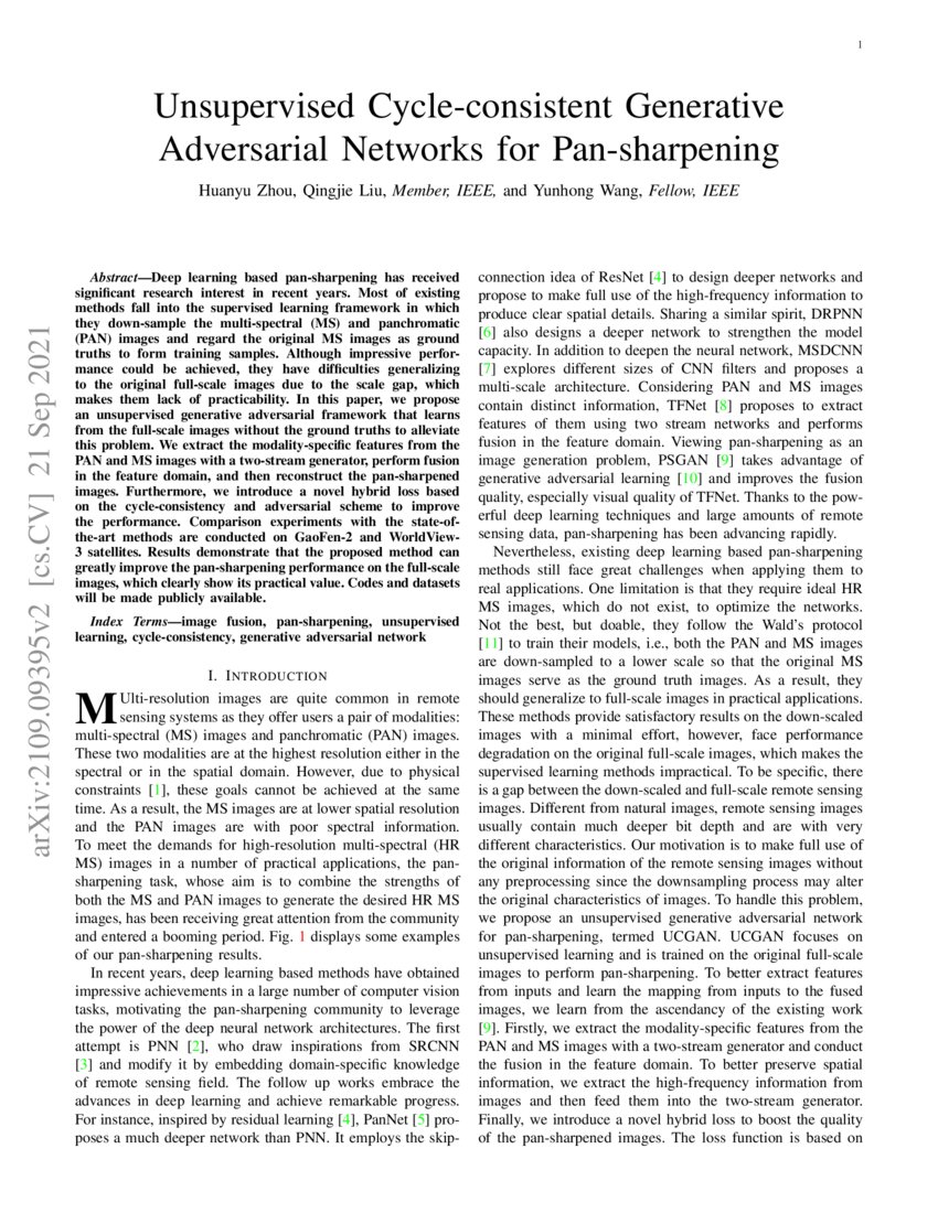 Unsupervised Cycle Consistent Generative Adversarial Networks For Pan Sharpening Deepai 