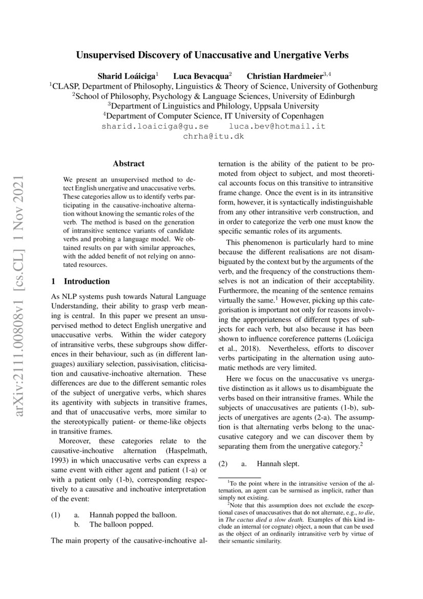 Unsupervised Discovery of Unaccusative and Unergative Verbs | DeepAI