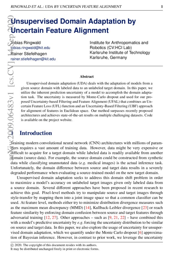 Unsupervised Domain Adaptation by Uncertain Feature Alignment | DeepAI