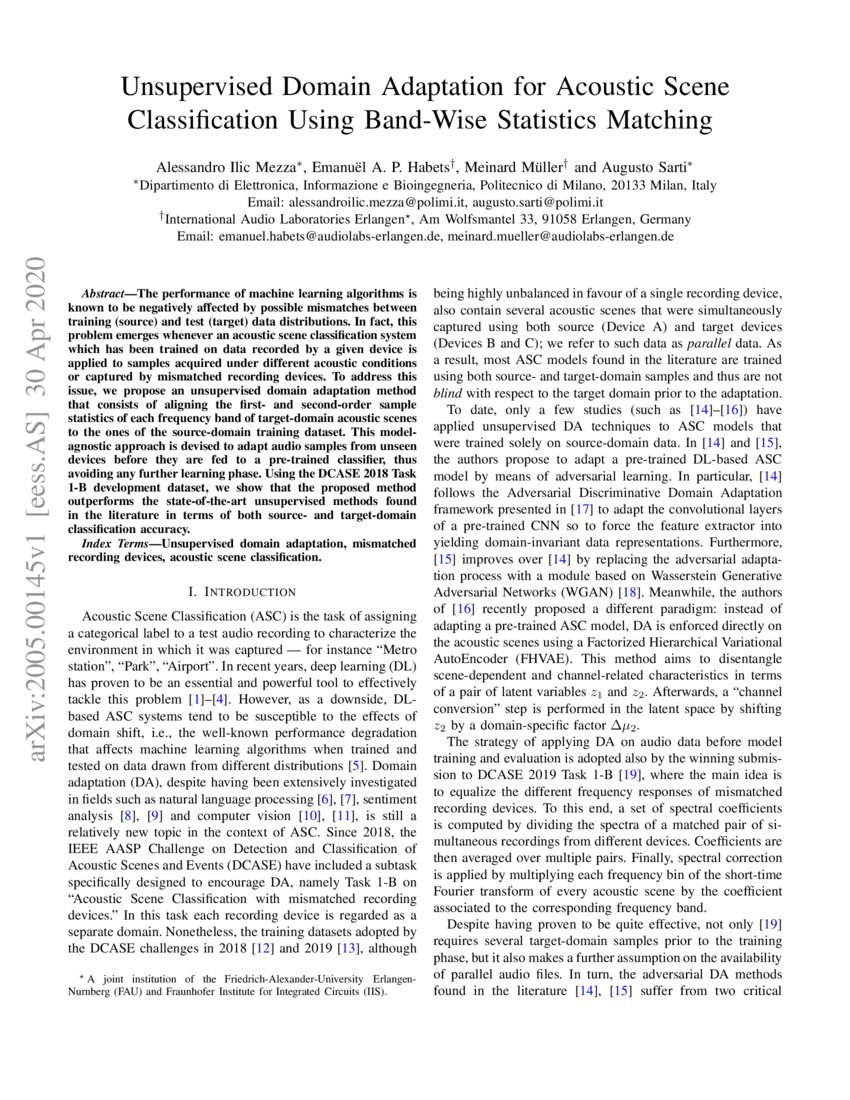 Unsupervised Domain Adaptation for Acoustic Scene Classification Using Band-Wise Statistics ...