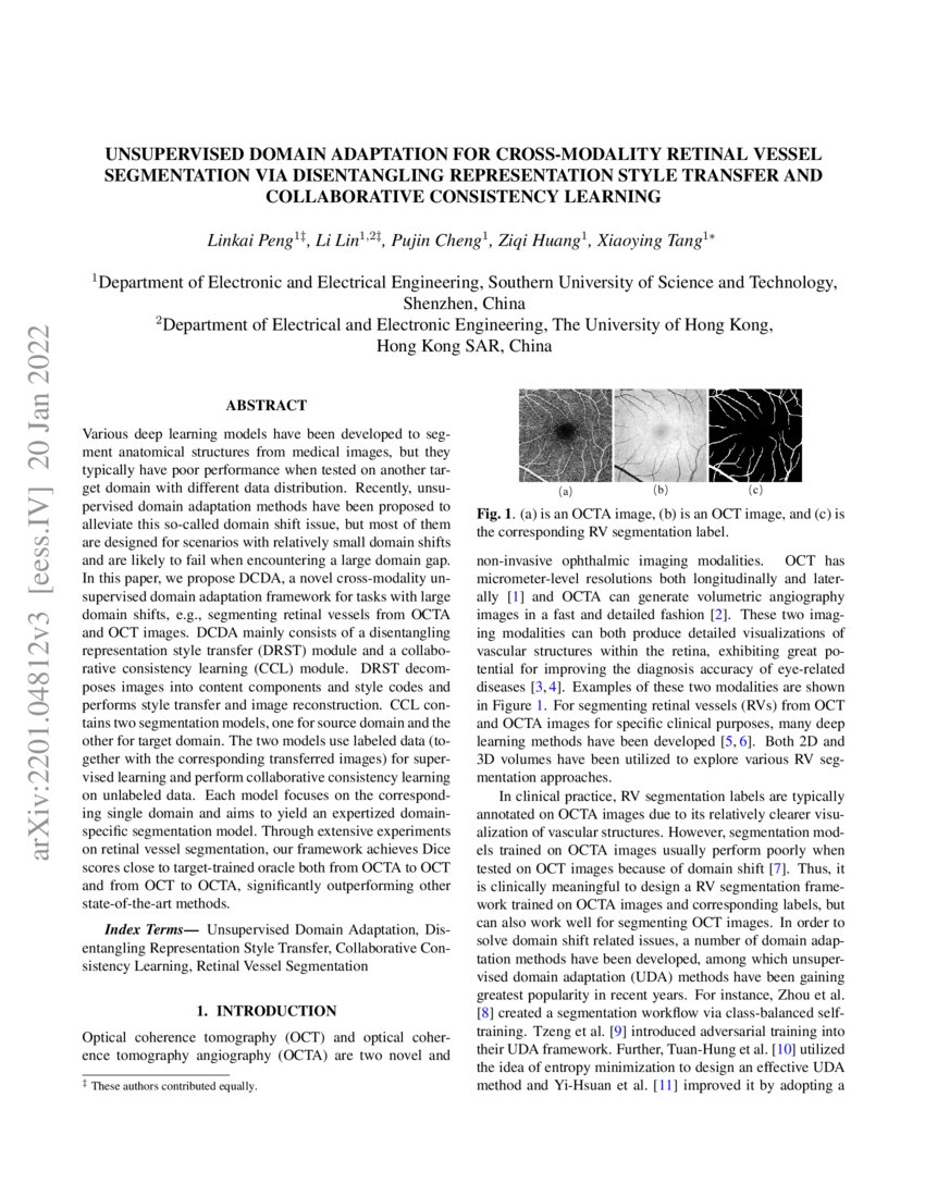 Unsupervised Domain Adaptation For Cross Modality Retinal Vessel Segmentation Via Disentangling