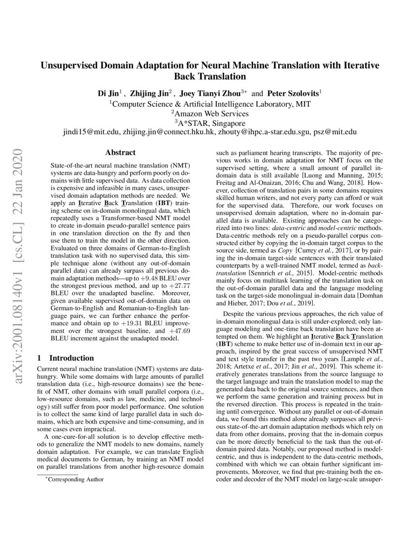Unsupervised Domain Adaptation for Neural Machine Translation with Iterative Back Translation ...